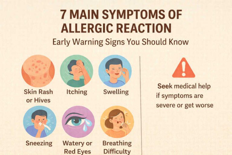 What are the 7 main symptoms of an allergic reaction?